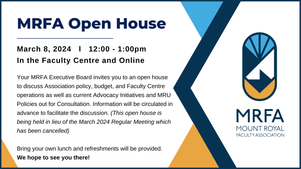 MRFA Open House – March 8 – Mount Royal Faculty Association